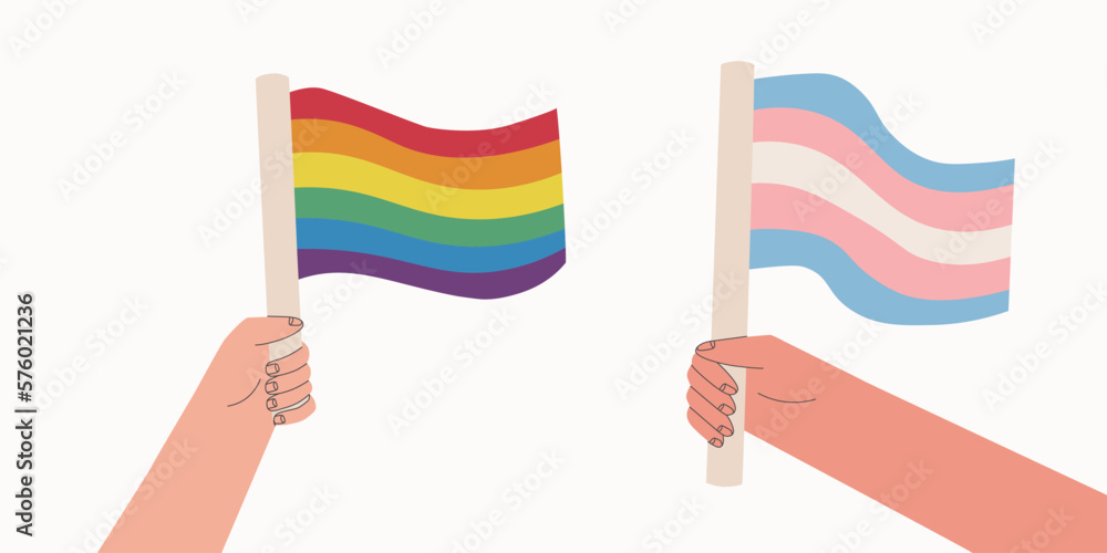 Vetor de LGBT and transgender flags. Two hands holding flags are ...