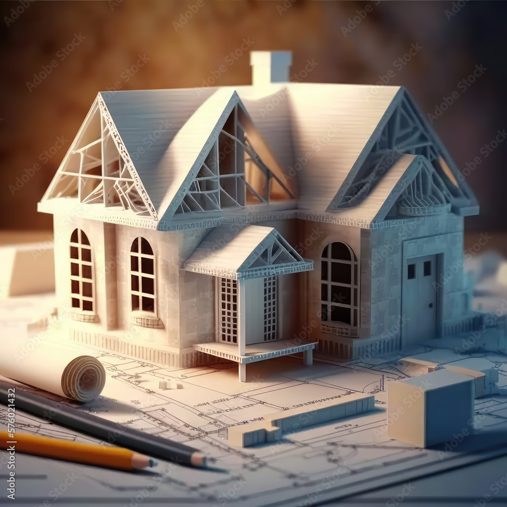 Concept of construction project. Blueprint designs and a white house ...