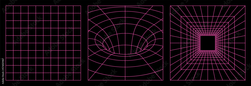 Geometry wireframe grid backgrounds in neon pink color. 3D abstract ...