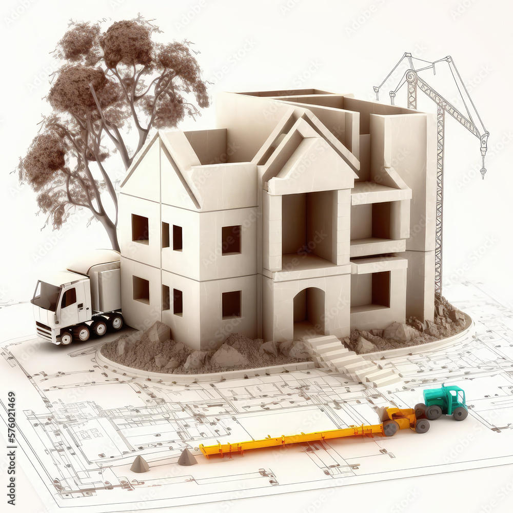 Concept of construction project. Blueprint designs and a toy house ...