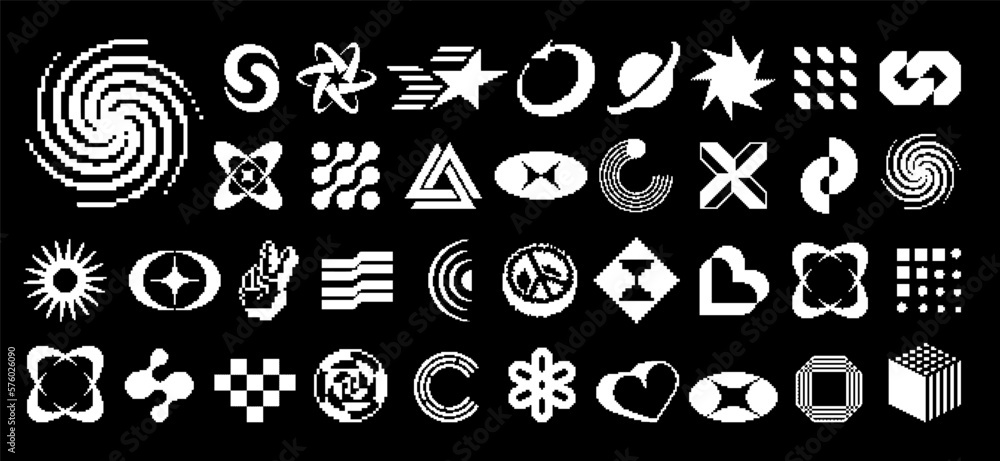Abstract graphic elements set. Retro futuristic Y2K geometric shapes, modern brutalist design ...