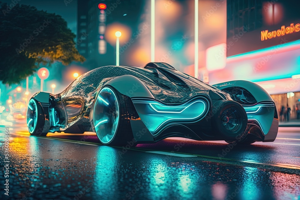 Neon race car for a cross in a futuristic style against the backdrop of ...