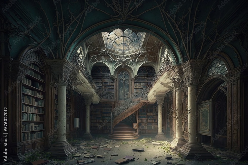 Ancient hall richly decorated but abandoned library. Luxurious interior ...