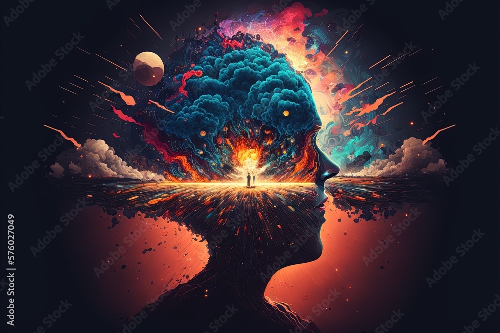 Human head with glowing neurons in the brain. Consciousness ...