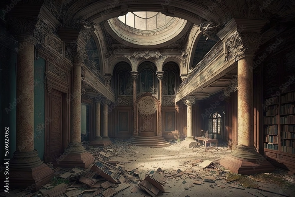 Ancient hall richly decorated but abandoned library. Luxurious interior ...