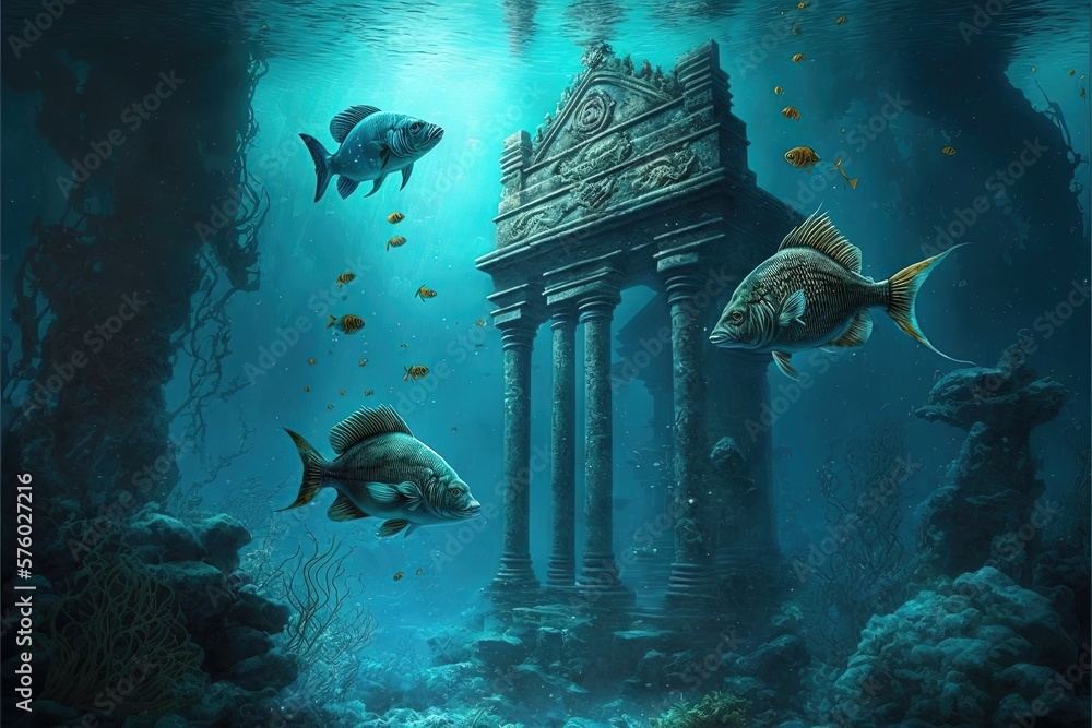 The ruins of an ancient temple and fish swimming underwater. Coral ...