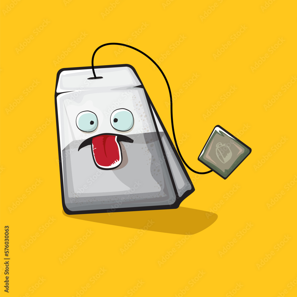 Tea bag character. Cartoon tea bag isolated on orange background. Funky ...