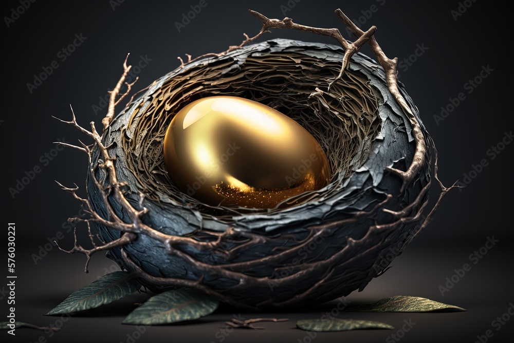 Beautiful shining golden egg in a bird's nest in easter monay. Fantasy ...