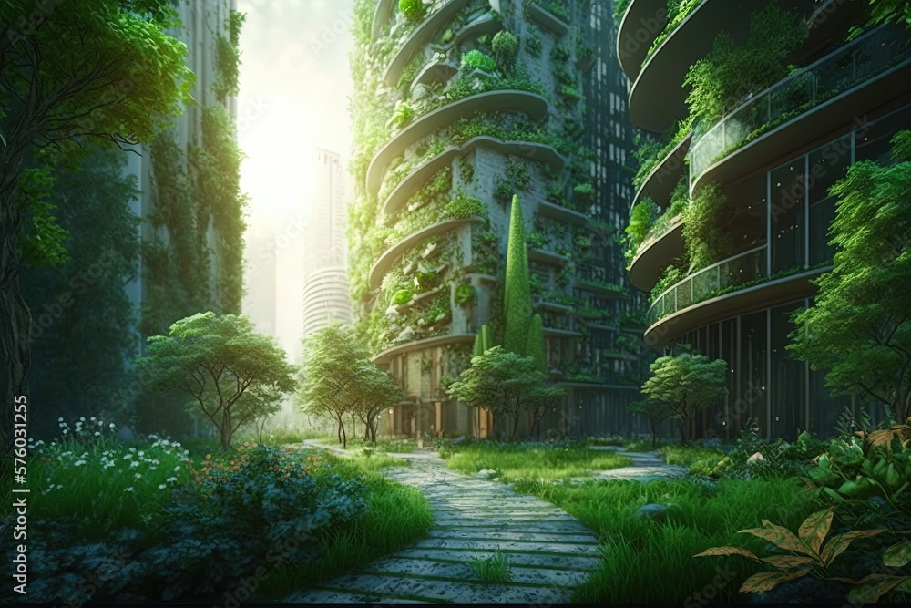 Skyscrapers covered with vines and moss. Post-apocalypse, destruction ...