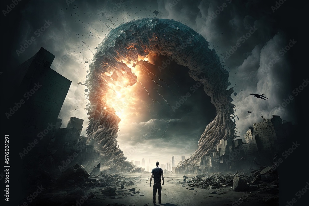 Man in the face of the end of the world. Apocalyptic epic scene ...