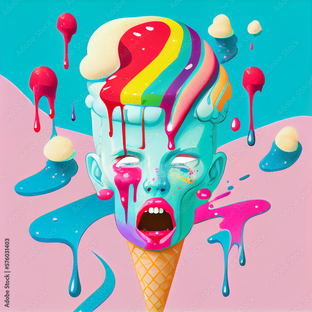 pop art manga character with a melting face, surrounded by colorful ...