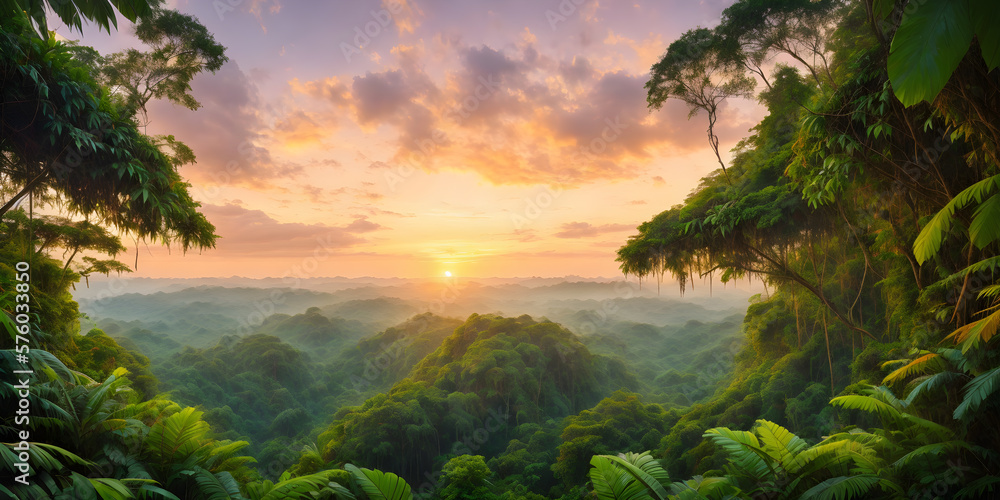 Wallpaper with a tropical landscape at sunset. Jungle with mountains ...