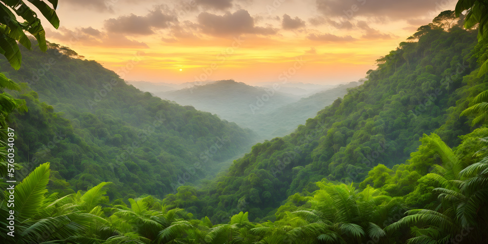 Wallpaper with a tropical landscape at sunset. Jungle with mountains ...