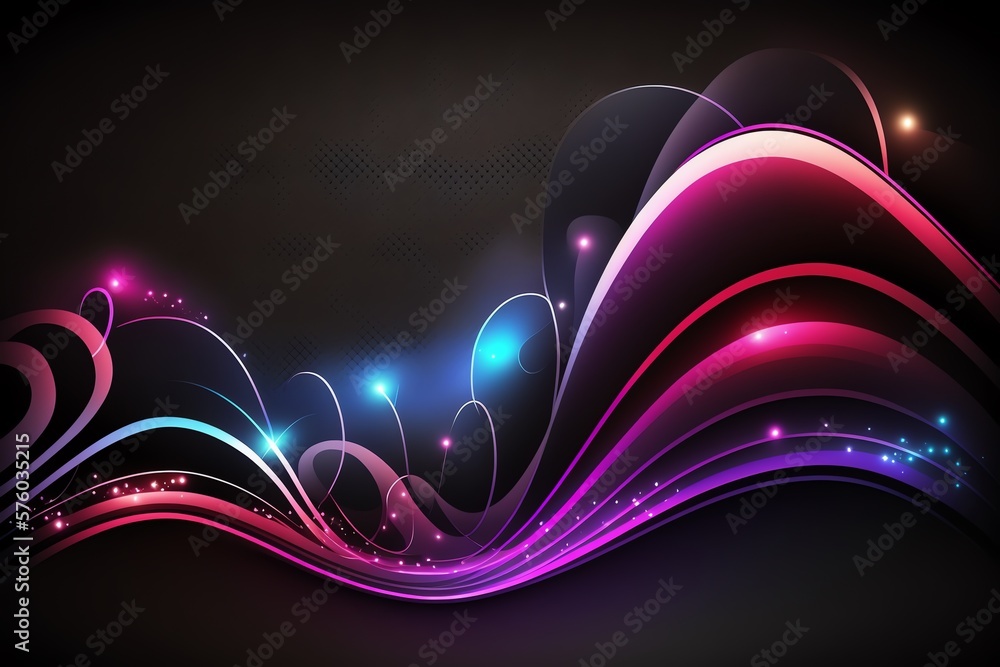 Neon multicolored led lines on a dark night background. Wave futuristic ...