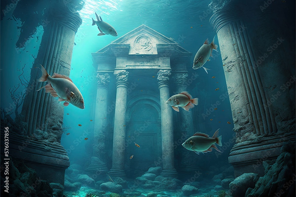 Underwater world. The ruins of an ancient temple and fish swimming ...