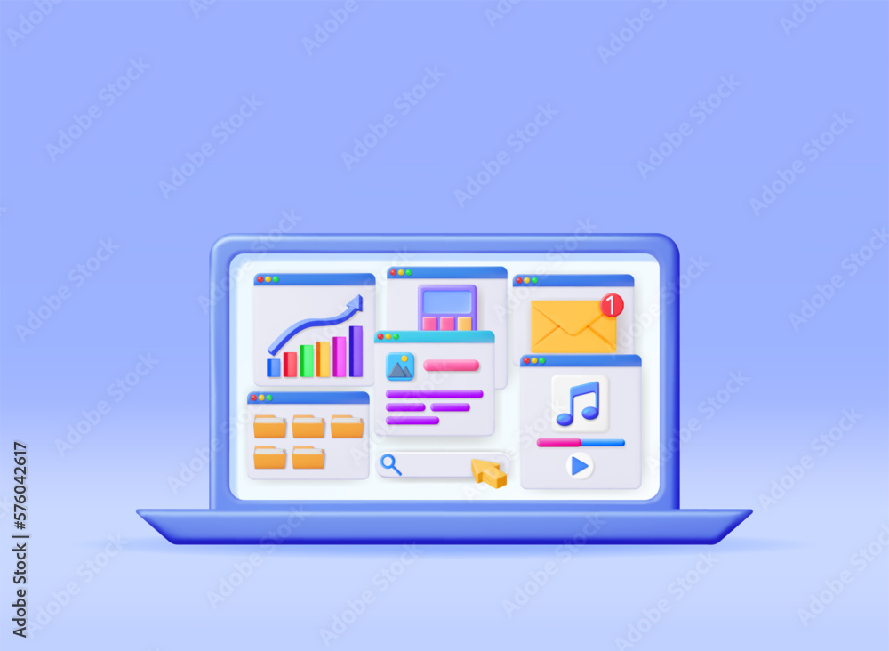 Vecteur Stock 3D Laptop Application Windows Interface Isolated. Render ...