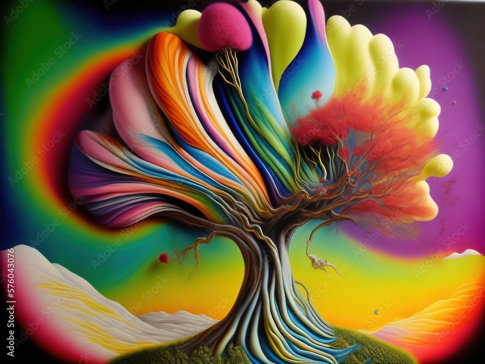 This surreal airbrush artwork features a vibrant, otherworldly tree ...