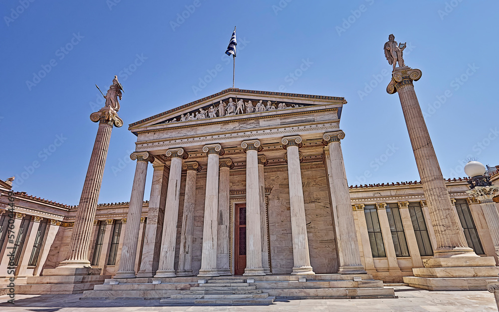 Front facade of the national academy with Athena and Apollo gods on ...