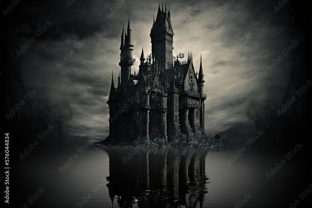 A scary gothic-style castle in a mountainous area, located on a hill in ...