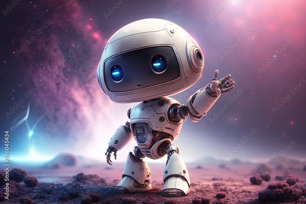 Positive cute robot pointing to space on purple background. android ...