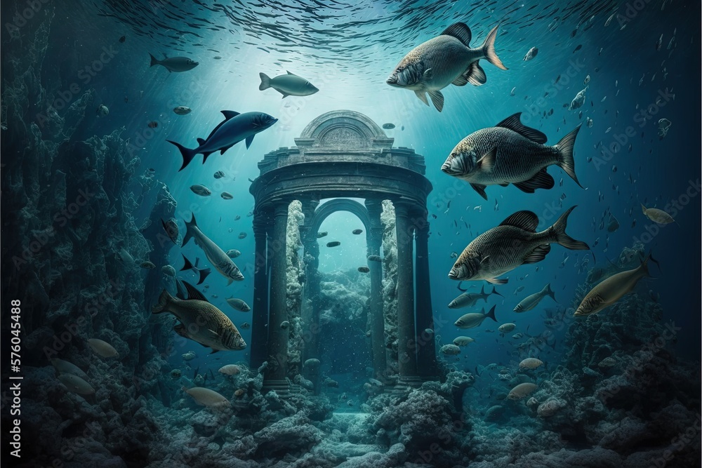 The ruins of an ancient temple and fish swimming underwater. Coral ...