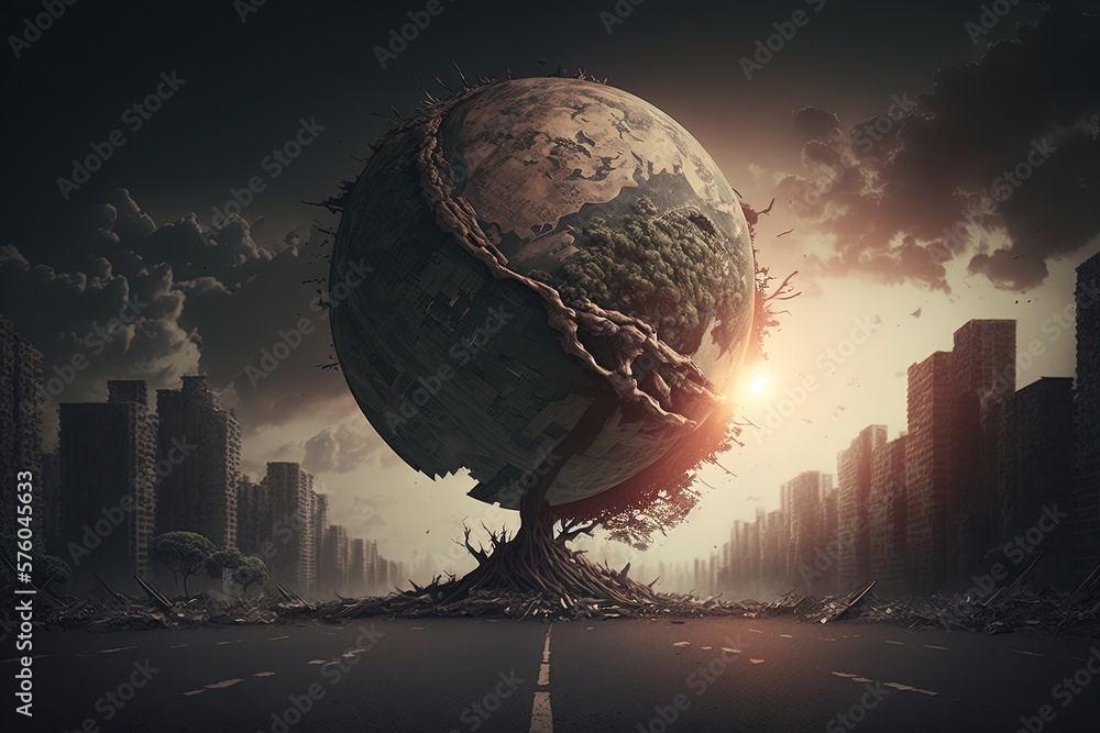 Nuclear boom the planet with destroyed city. Apocalyptic epic scene ...