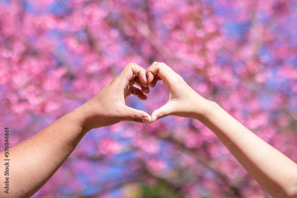 male and female couple showing their hands up to form heart symbol to ...