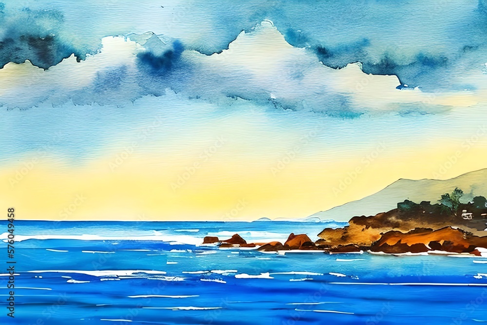 Watercolor painting the background of sea view with jagged edges and ...