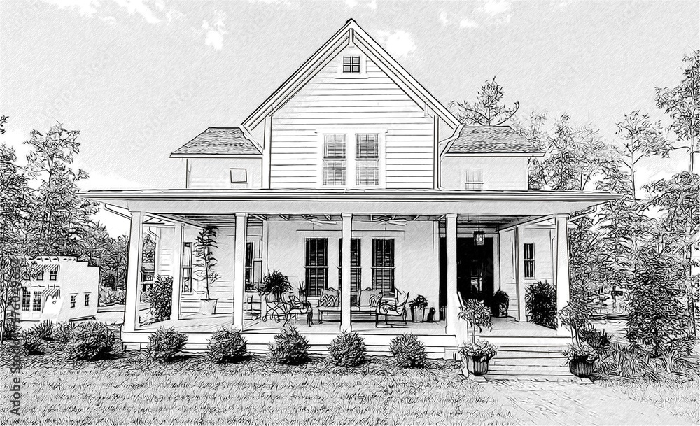 Sketch drawing of beautiful house exterior, The Art of House Design ...
