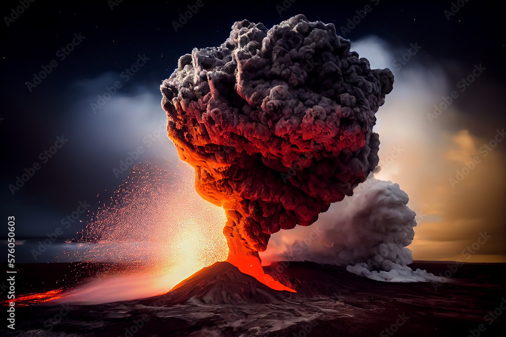 Lava Flows on active volcano.Volcano eruption with ash smoke and ...