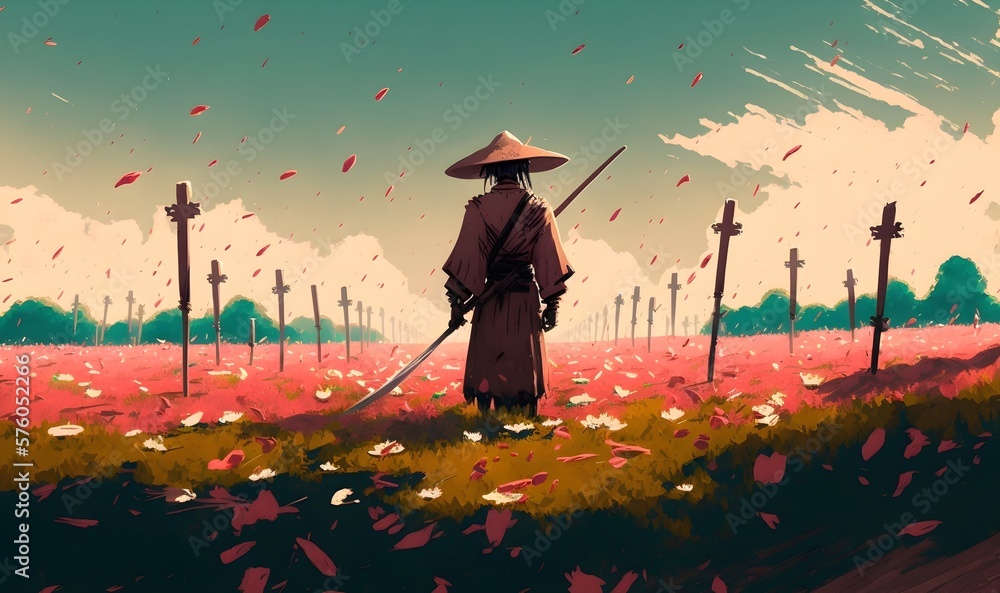 samurai standing among the swords impaled on the ground in the flower ...