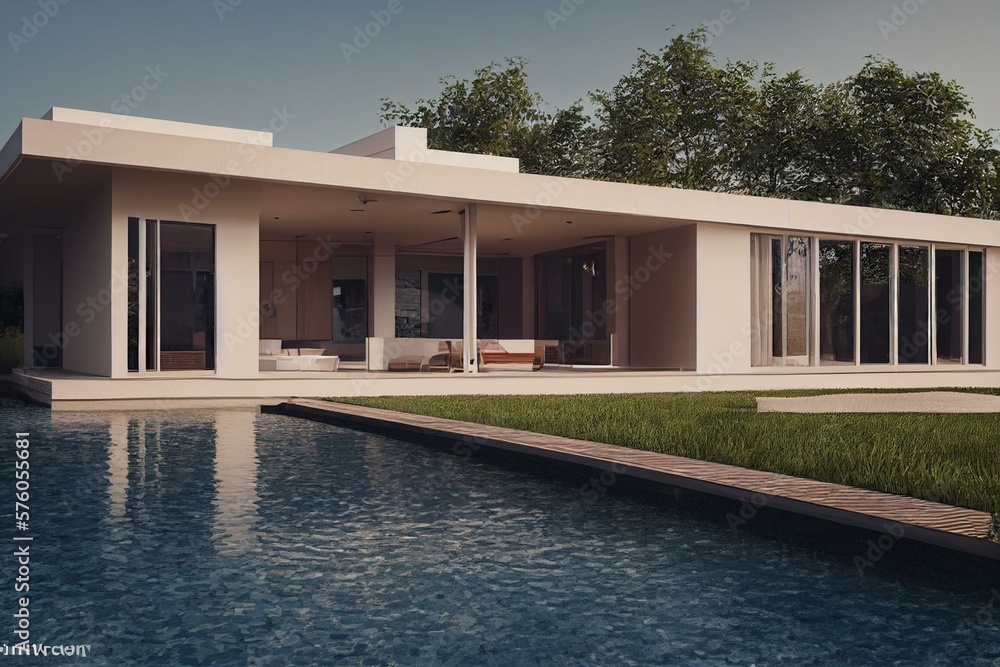 3D visualization of a modern house with a courtyard. House with ...