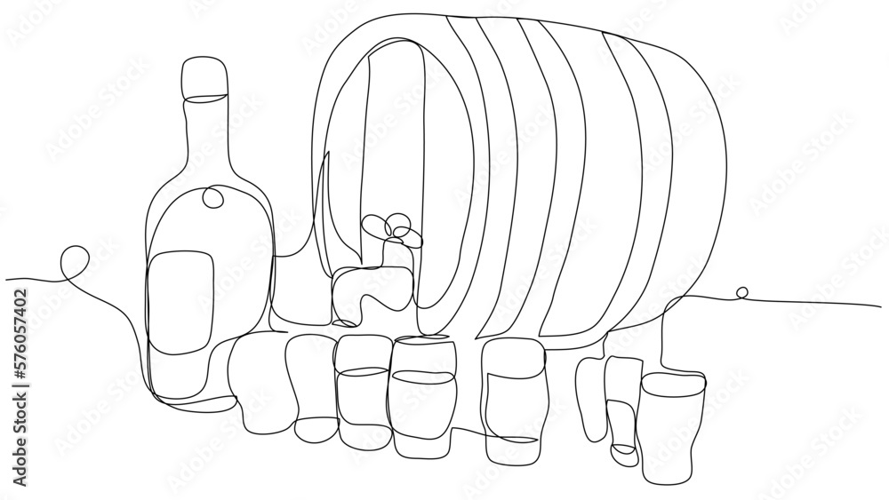 Beer barrel, bottle and glasses in one line on a white background ...