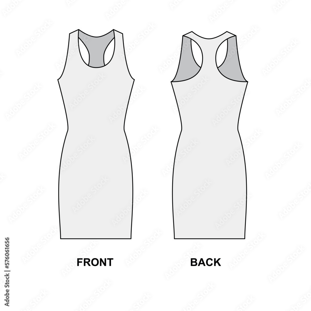 Outline vector drawing of a short sleeveless dress. Basic bodycon dress ...