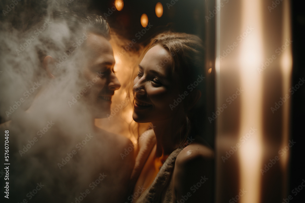 Couple enjoying a romantic steam room session, surrounded by steam and ...