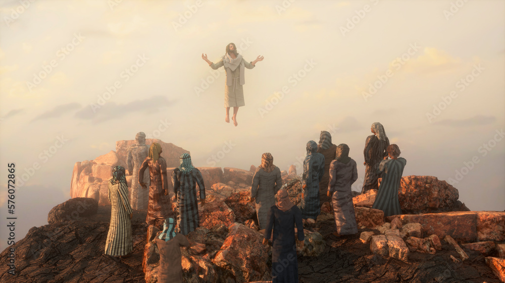 Jesus rising to heaven on the Mount and the Twelve Apostles 3d render ...