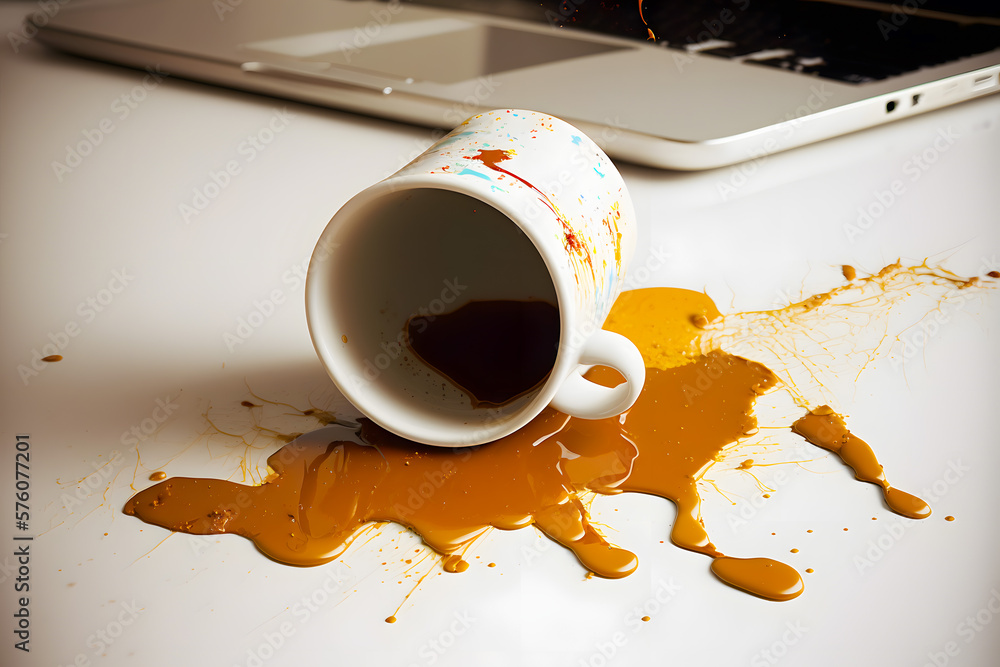 Spilled into computer notebook, coffee in white cup spilling in slow ...