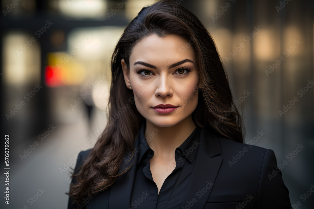 Professional businesswoman in a sleek black blazer and high heels ...