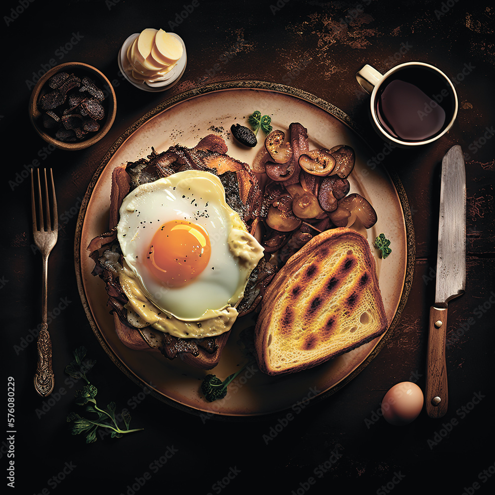Morning breakfast,a product photo of fried eggs and bacon and hash ...