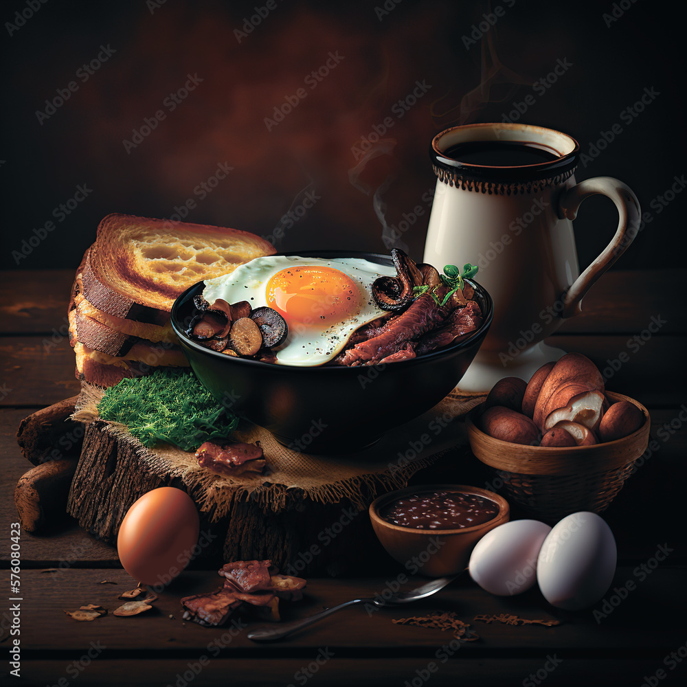 Morning breakfast,a product photo of fried eggs and bacon and hash ...