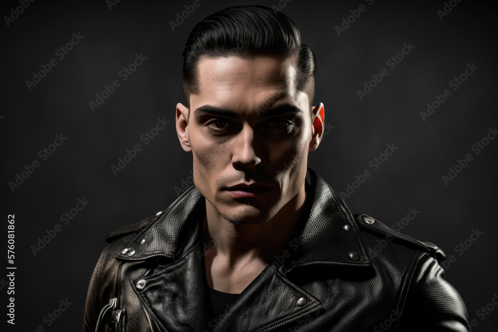 Intense portrait of a man with slicked-back black hair, a chiseled ...