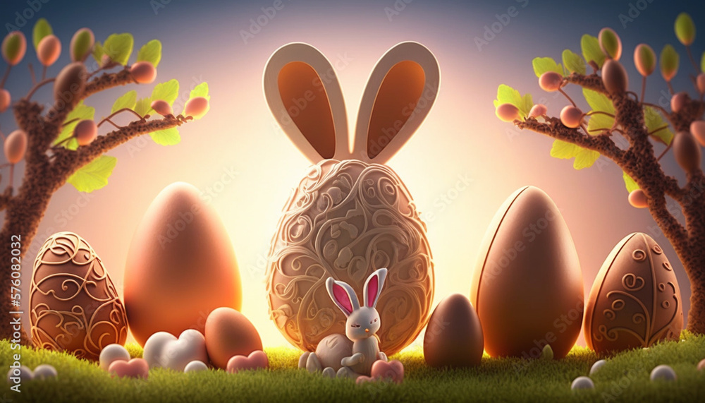 chocolate egg with bunny ears, easter bunny, giant chocolate egg, various colored eggs, eggs in ...