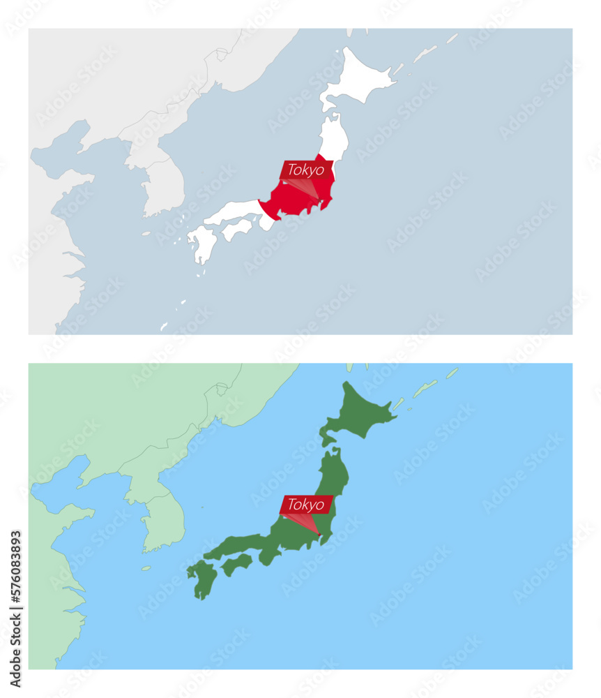 Japan map with pin of country capital. Two types of Japan map with ...