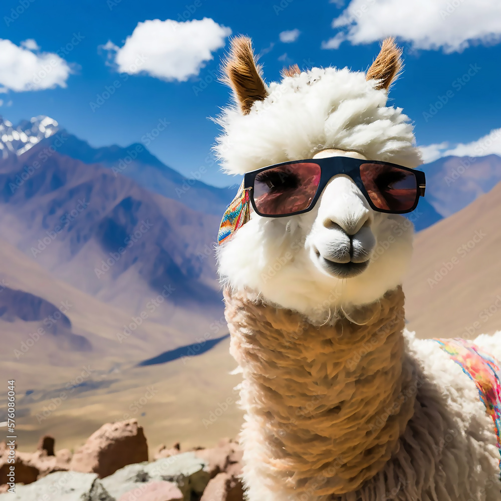 Alpaca stands on a mountain, in bright clothes and a straw hat ...
