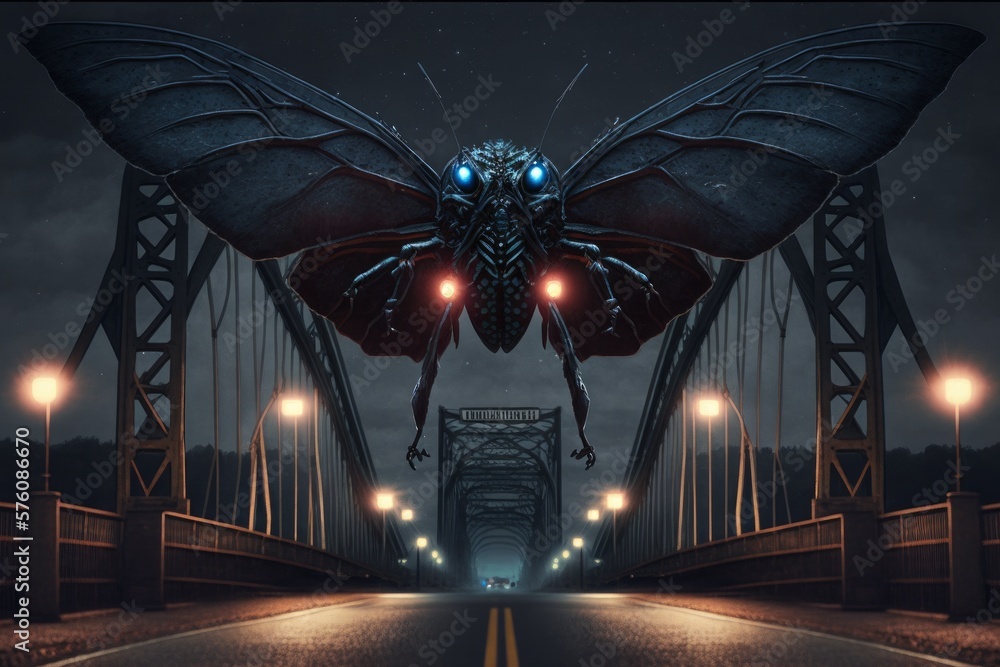 Mothman over a suspension chain bridge. Illustration based on the urban ...