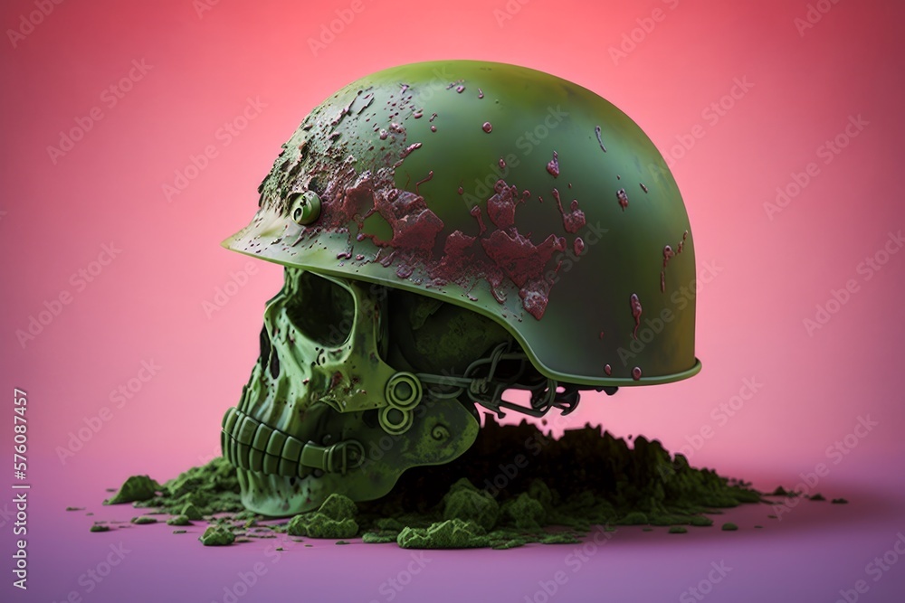 Moldy ugly human skull in a military helmet. Isolated on solid color ...