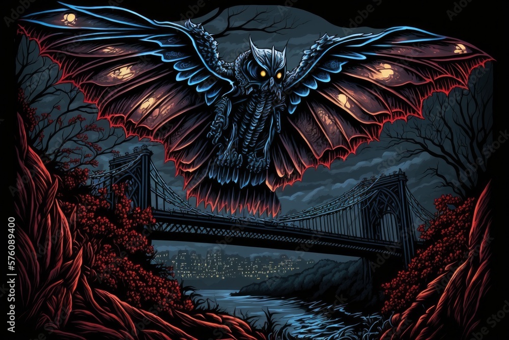 Mothman over a suspension chain bridge. Illustration based on the urban ...