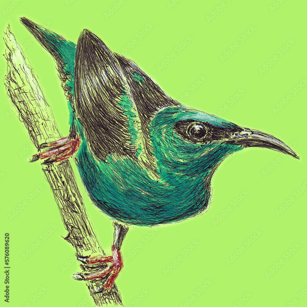 Exotic bird with long beak sitting on the bench closeup. Hand drawn ...