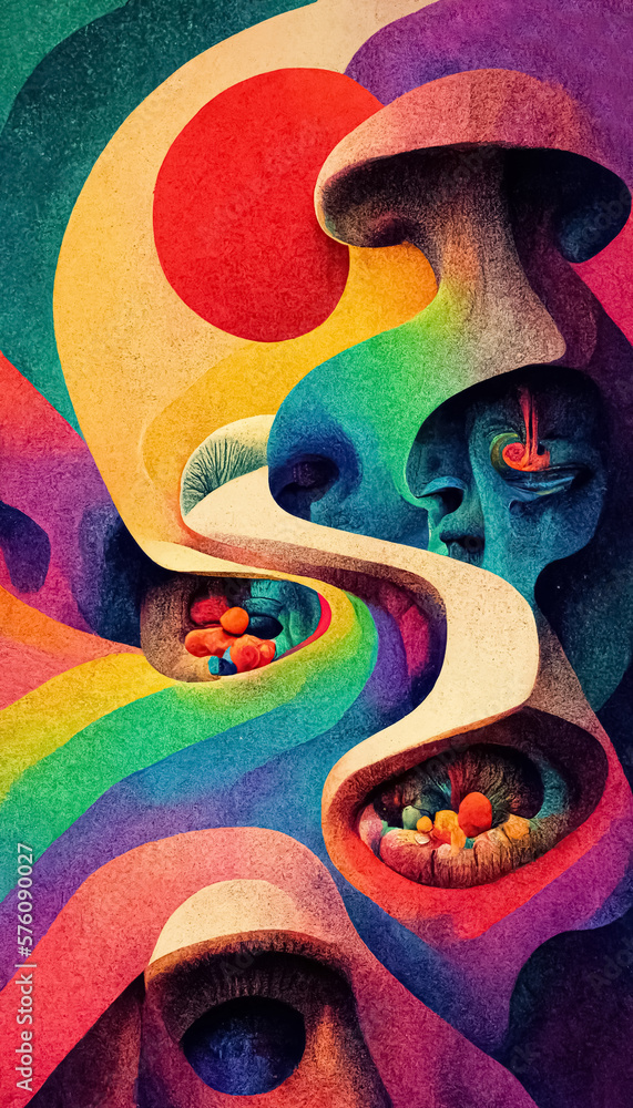 Psychedelic trippy LSD or magic mushrooms hallucinations hippie concept ...