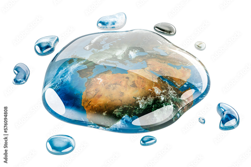 Water drops with Earth map texture. Save water concept, 3D rendering ...